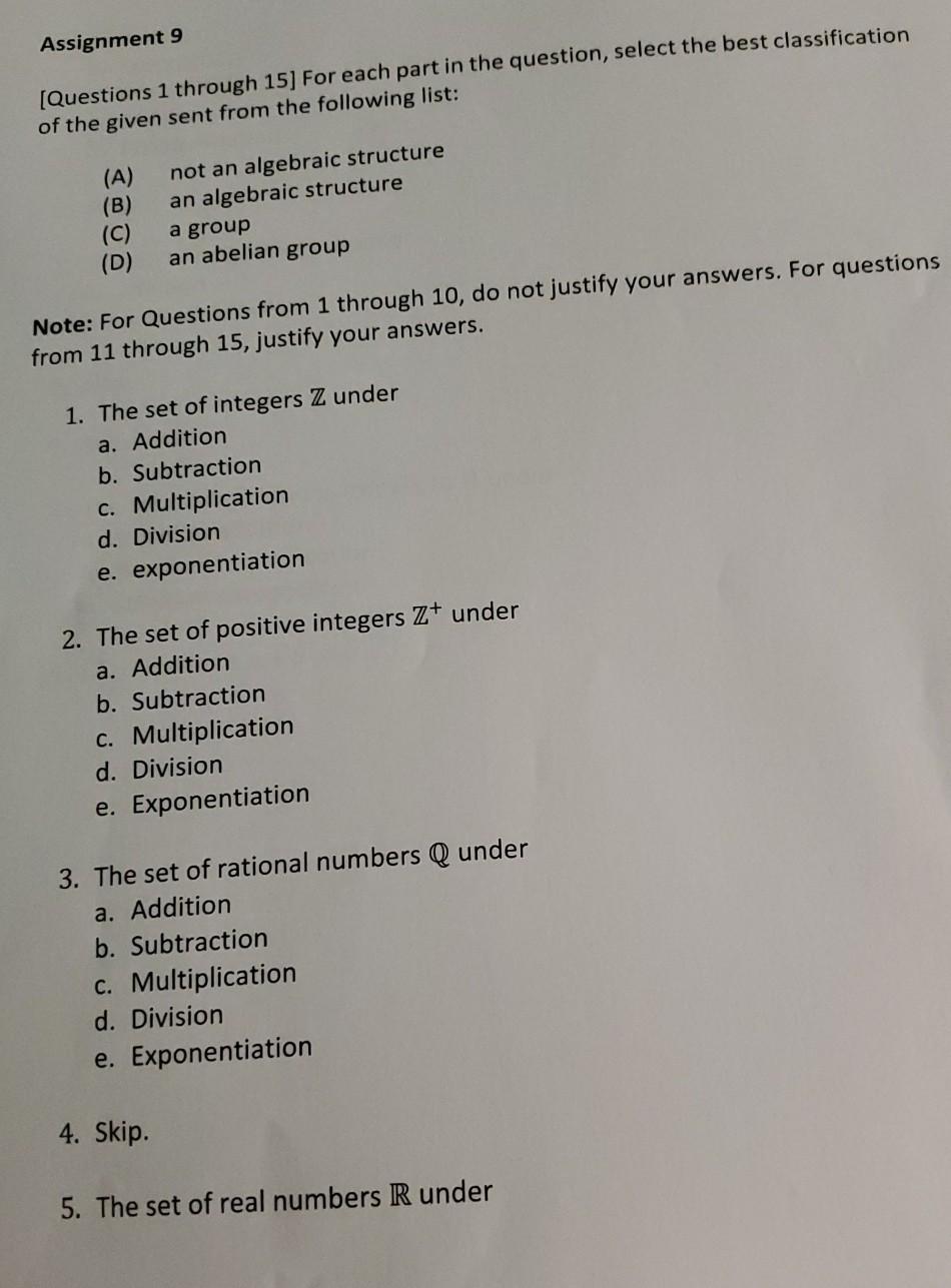 Solved Assignment 9 [Questions 1 through 15] For each part | Chegg.com