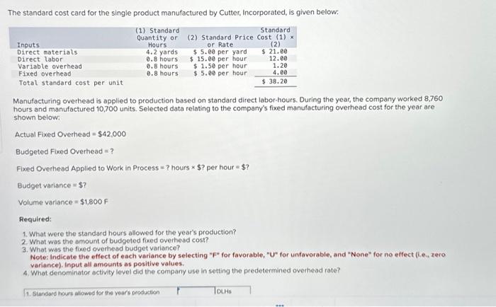 Solved The standard cost card for the single product | Chegg.com