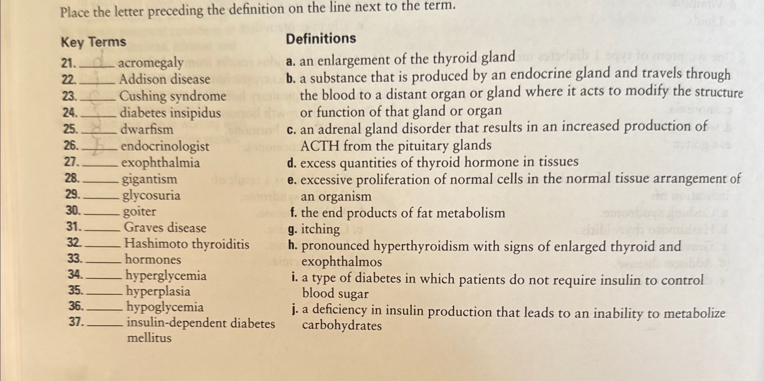 Solved Place the letter preceding the definition on the line | Chegg.com