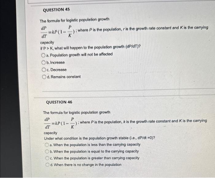 Solved The formula for logistic population growth | Chegg.com