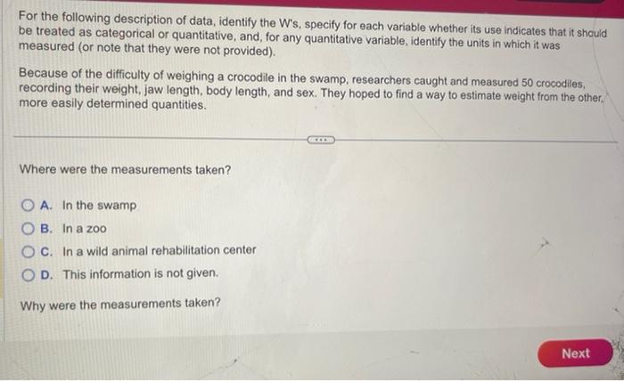 Solved For the following description of data, identify the | Chegg.com