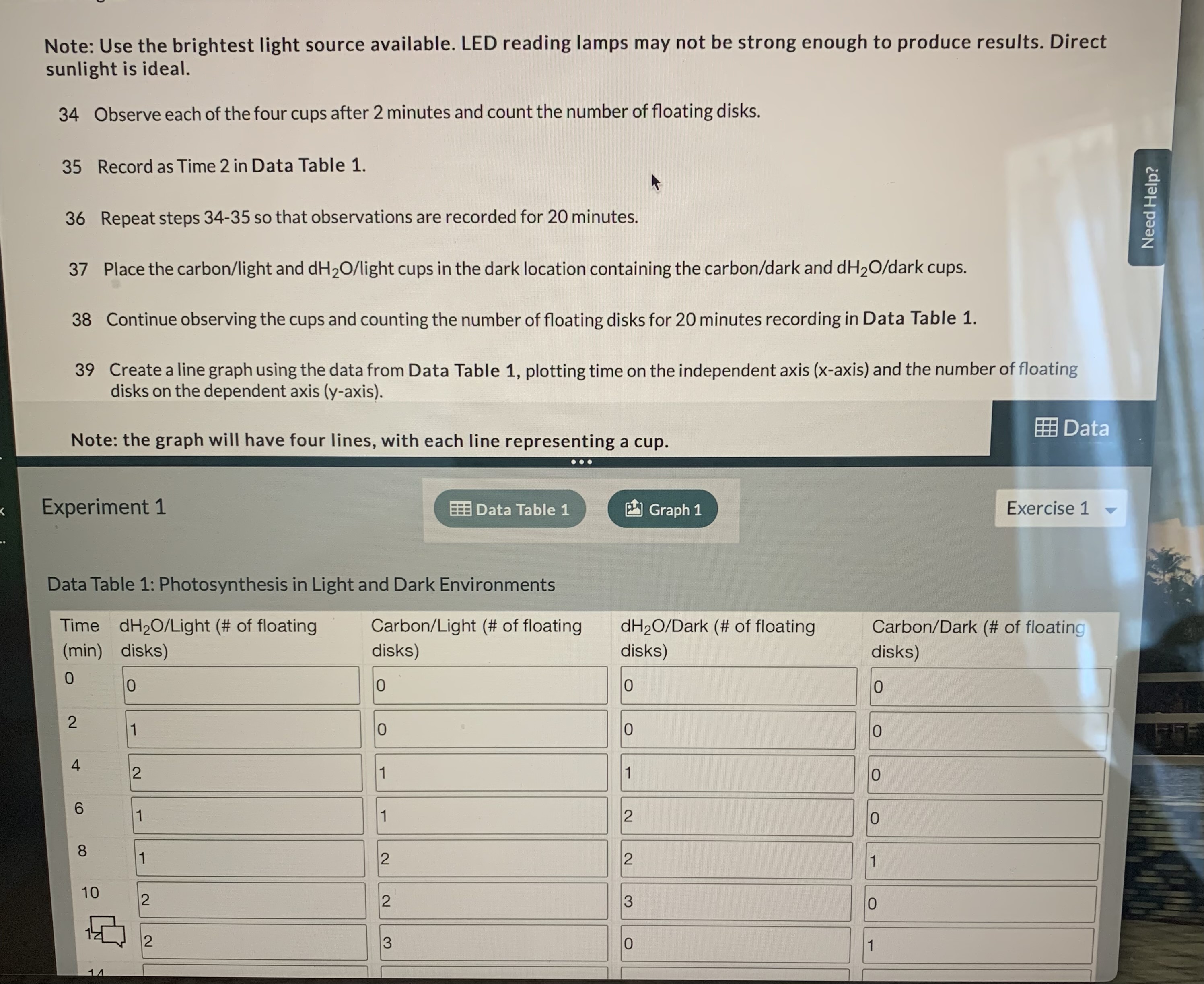 URGENT!! Place the carbon/light and dH2O/light cups | Chegg.com