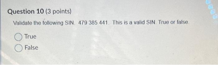 Solved Question 10 (3 points) See Validate the following | Chegg.com