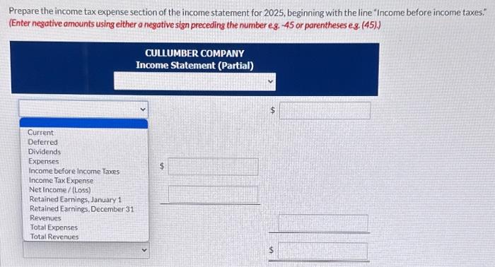 Solved Prepare the income tax expense section of the income | Chegg.com