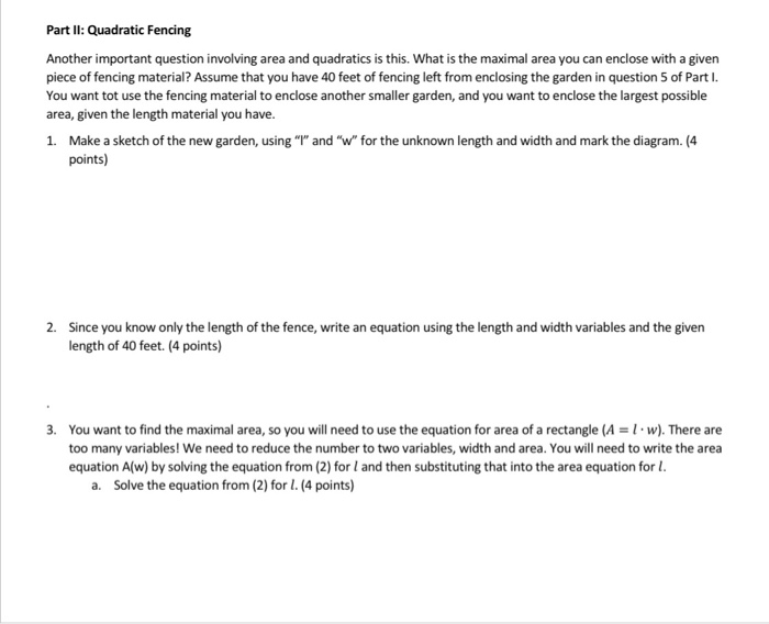 Solved Part II: Quadratic Fencing Another important question | Chegg.com