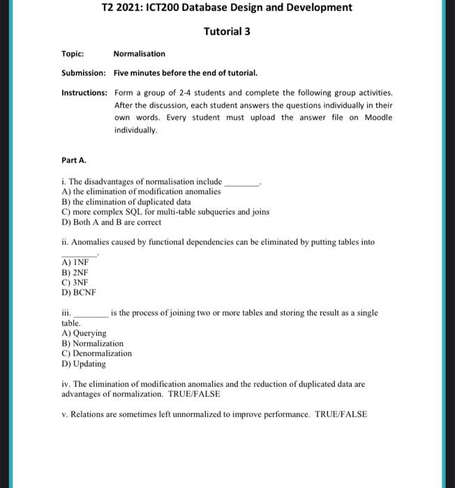 Solved T2 2021: ICT200 Database Design and Development | Chegg.com