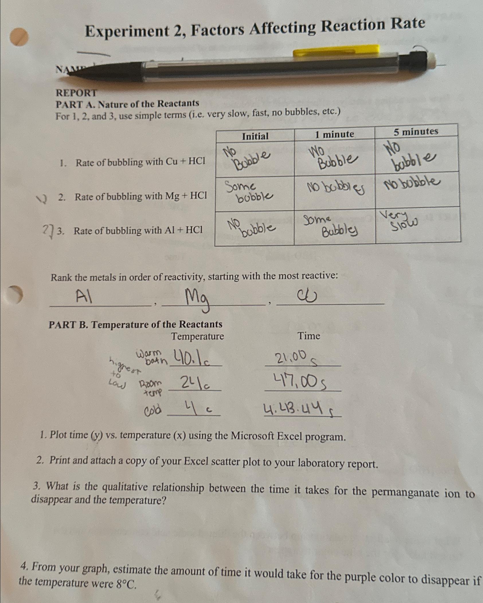 Solved Experiment 2, Factors Affecting Reaction | Chegg.com