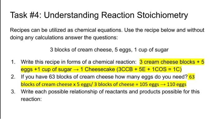 Solved Task #4: Understanding Reaction Stoichiometry Recipes | Chegg.com