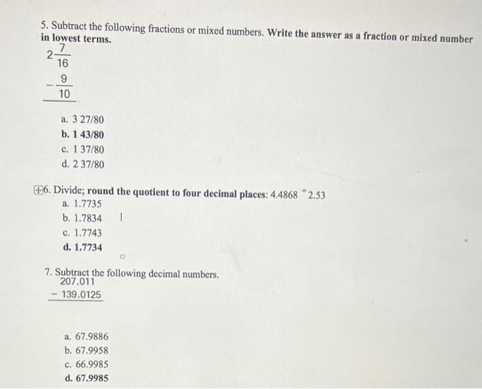 Solved 5. Subtract the following fractions or mixed numbers. | Chegg.com