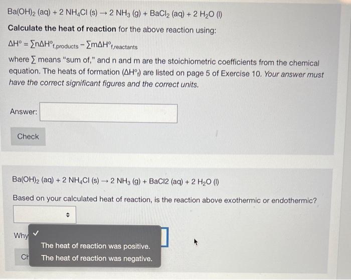 Solved Ba(OH)2(aq)+2NH4Cl(s)→2NH3( g)+BaCl2(aq)+2H2O(l) | Chegg.com