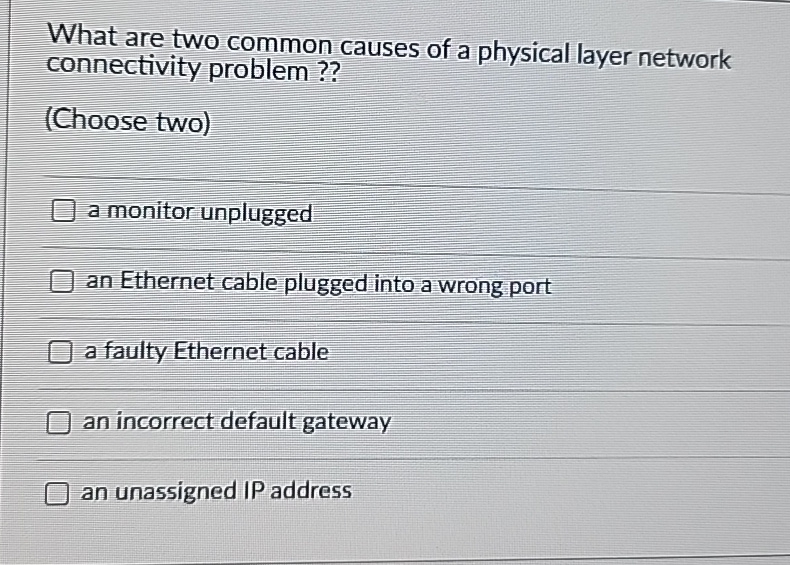 Solved What are two common causes of a physical layer | Chegg.com