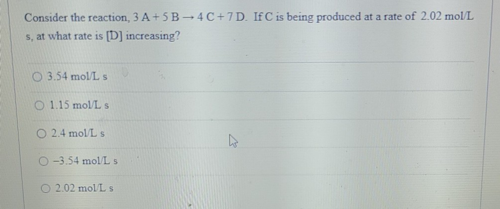 Solved Consider the reaction, 3 A +5 B – 4C+7D. IFC is being | Chegg.com