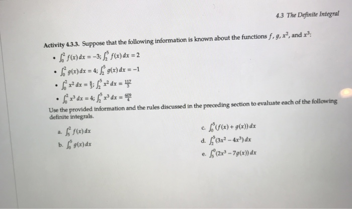 Solved 4.3 The Definite Integral Activity 4.3.3. Suppose | Chegg.com