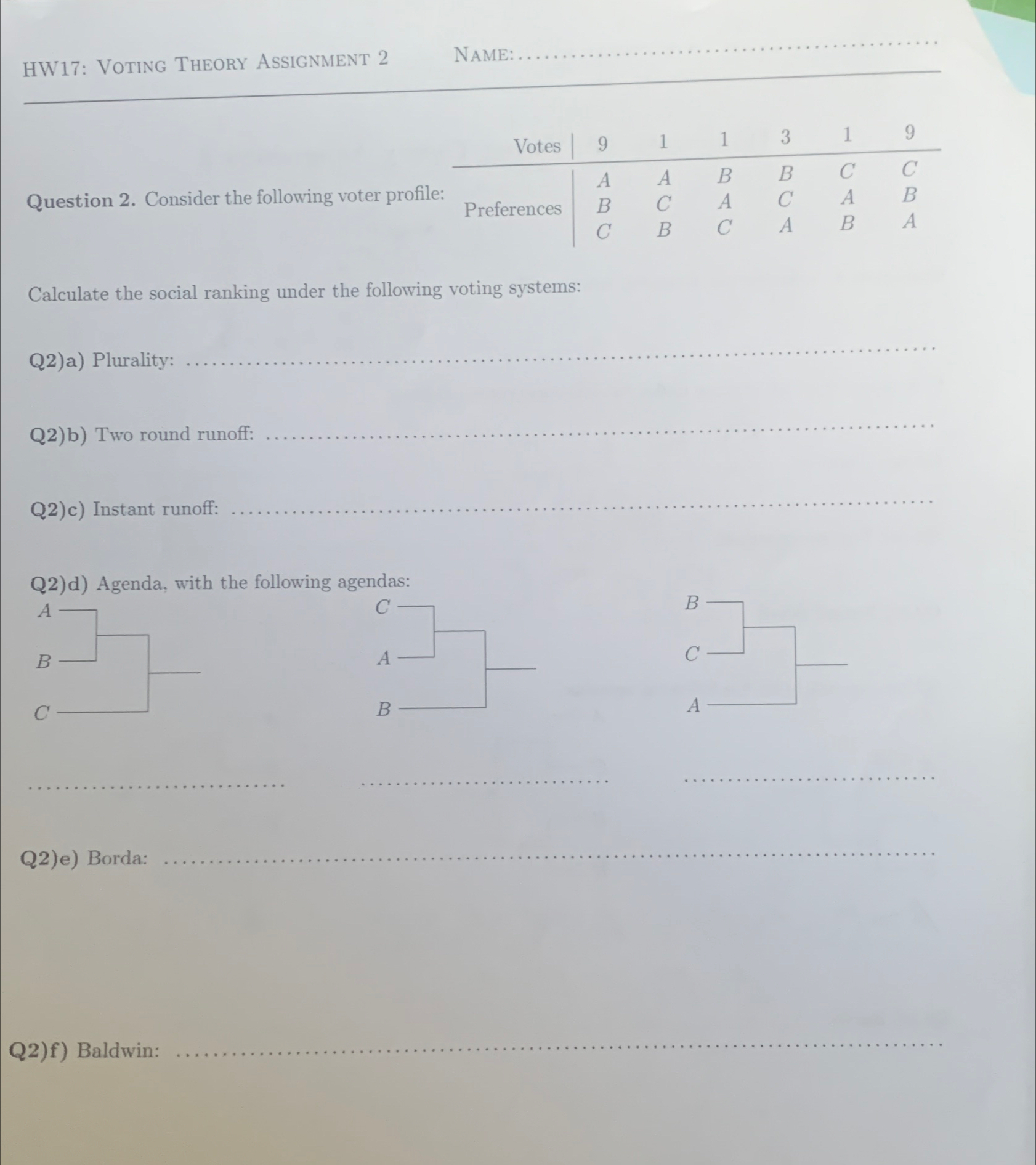 HW17: Voting Theory Assignment | Chegg.com