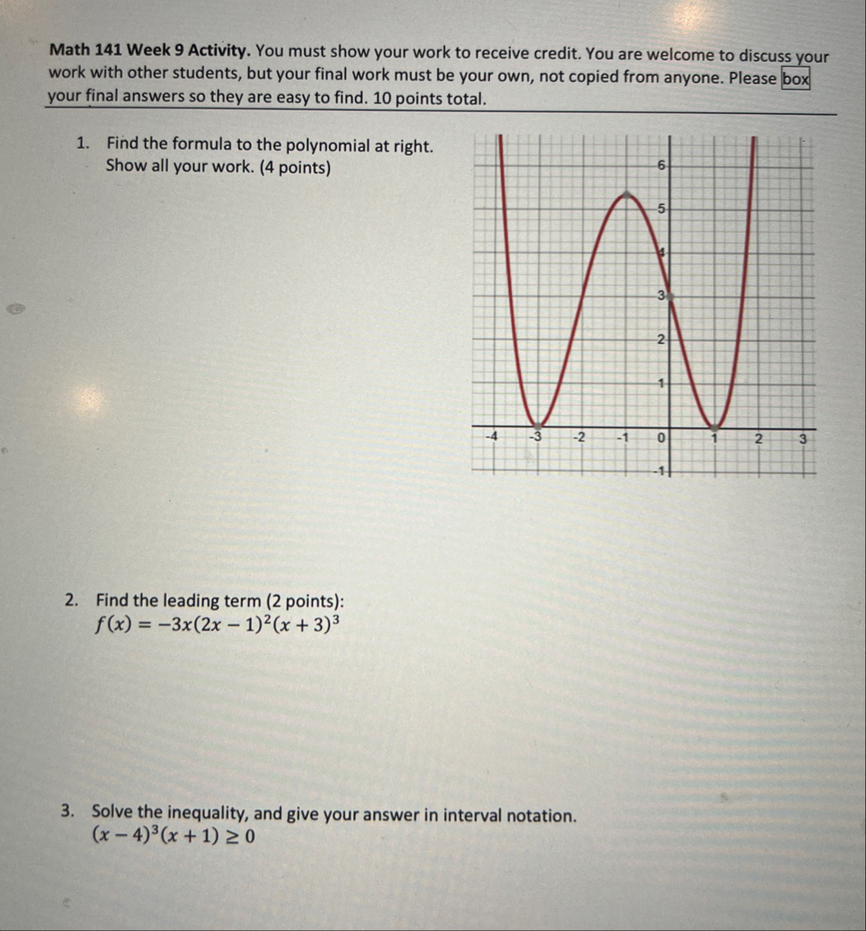 Solved Math 141 ﻿Week 9 ﻿Activity. You must show your work | Chegg.com