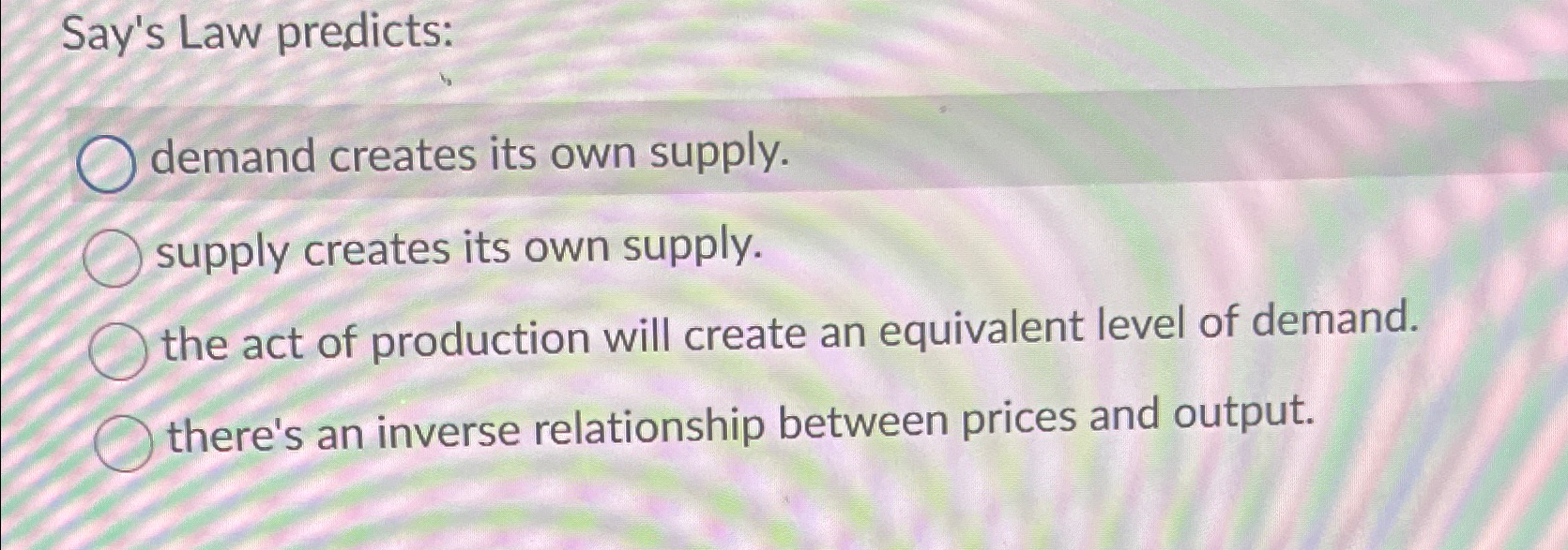 Solved Say's Law predicts: ﻿demand creates its own | Chegg.com
