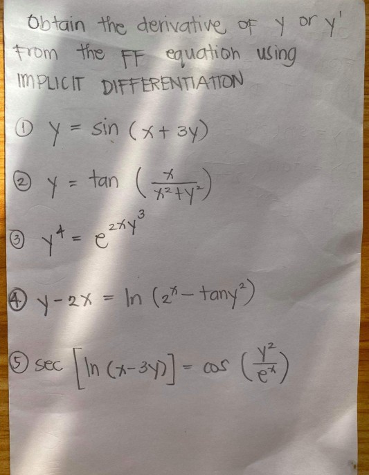 Solved Obtain the derivative of y or y' from the FF equation | Chegg.com