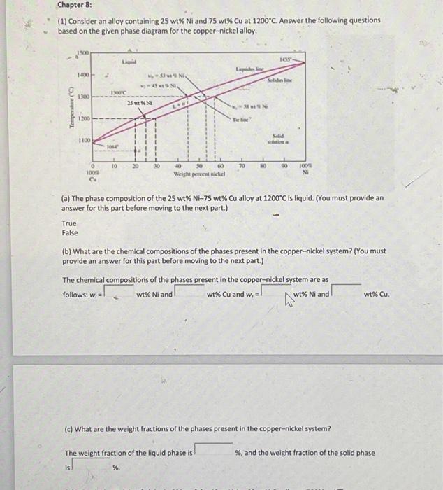 Solved (1) Consider an alloy containing 25wt%Ni and 75wt%Cu | Chegg.com