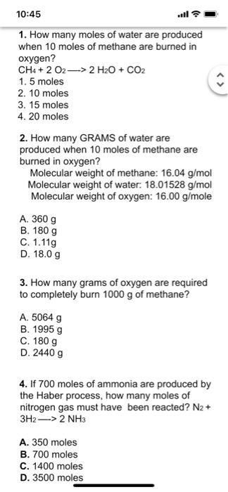 Solved 10:45 1. How many moles of water are produced when 10 | Chegg.com