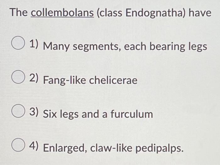 Solved The collembolans (class Endognatha) have 1) Many | Chegg.com