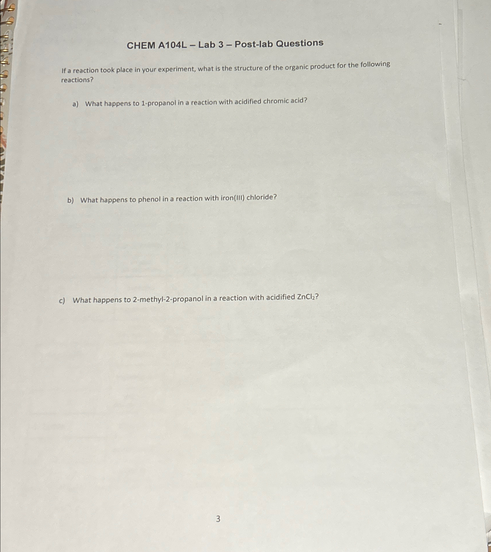 CHEM A104L - ﻿Lab 3 - ﻿Post-lab QuestionsIf a | Chegg.com