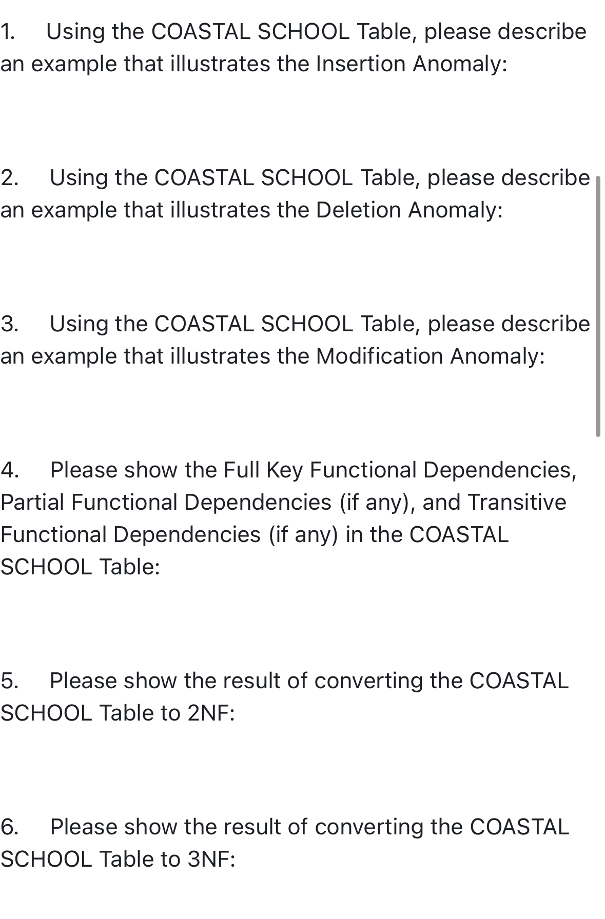Solved Using the COASTAL SCHOOL Table, please describe an | Chegg.com