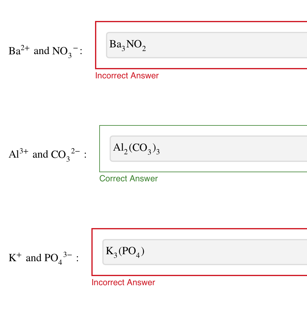 Solved Ba2+ ﻿and NO3-: Incorrect AnswerAl3+ ﻿and | Chegg.com