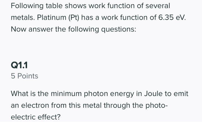 Solved Following table shows work function of several | Chegg.com