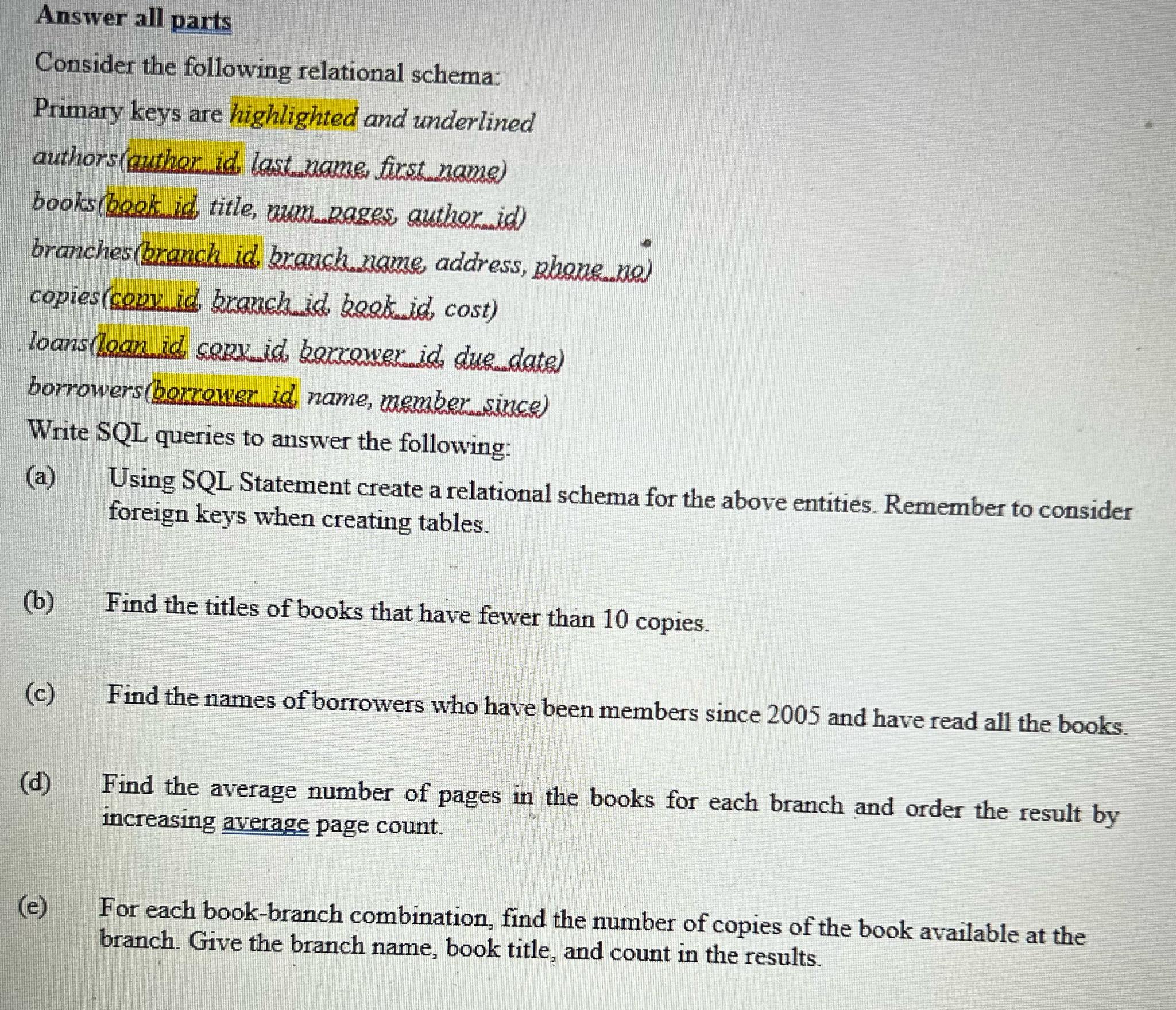Solved Answer all partsConsider the following relational | Chegg.com