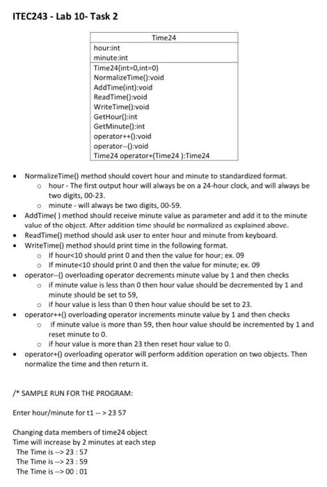 Solved ITEC243 - Lab 10-Task 2 Time24 hour:int minute:int | Chegg.com