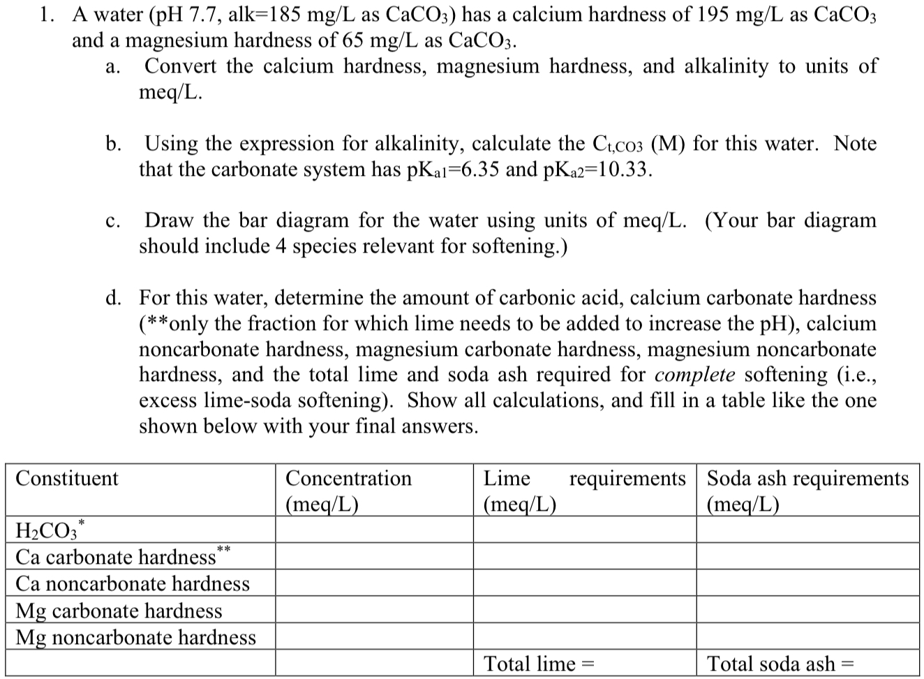 Solved A water , ﻿alk =185mgL ﻿as CaCO3 ) ﻿has a calcium | Chegg.com