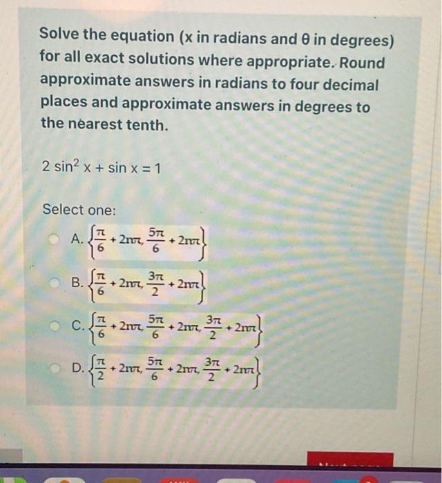 Solved Solve the equation (x in radians and in degrees) for | Chegg.com