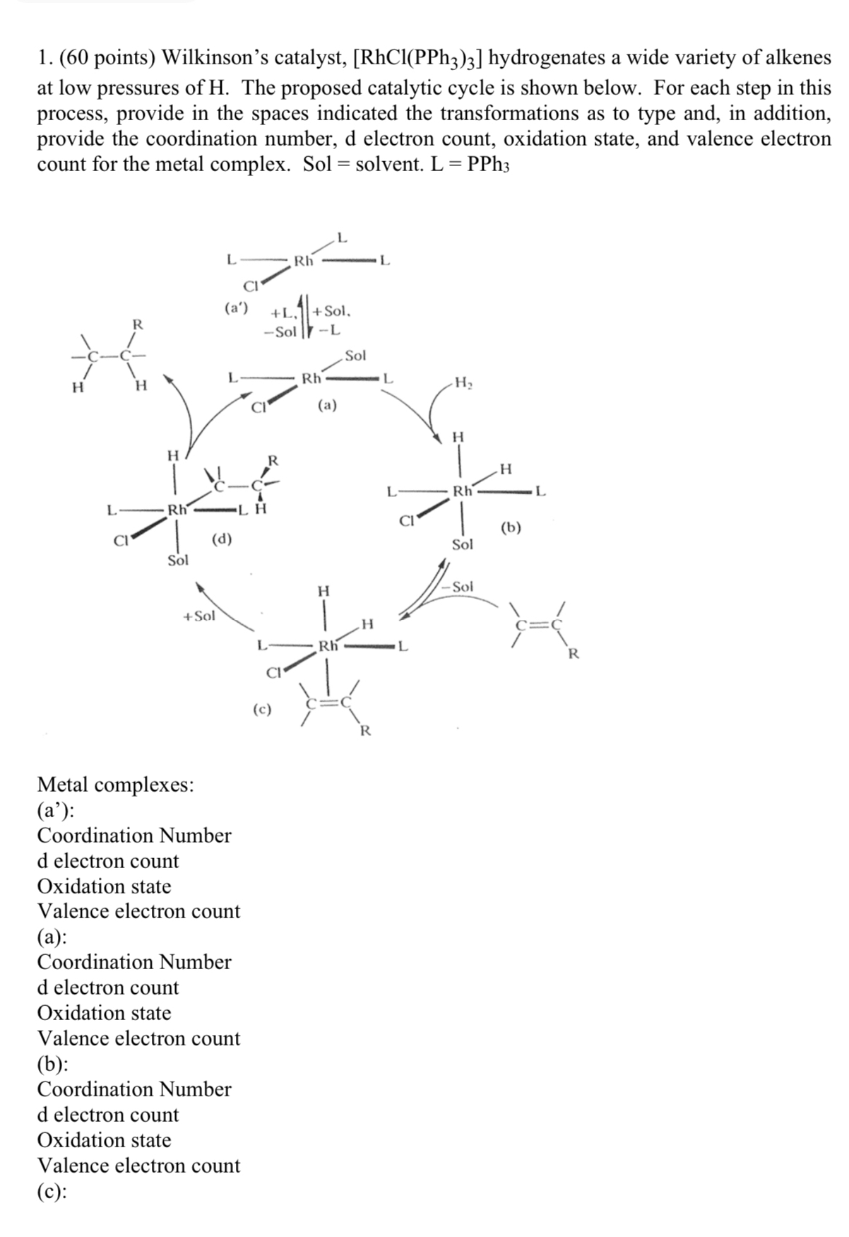 Solved (60 ﻿points) ﻿Wilkinson's catalyst, RhCl(PPh3)3 | Chegg.com