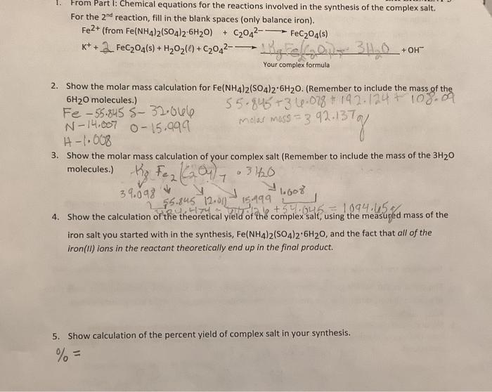 Solved show the molar mass calculation of your complex salt | Chegg.com