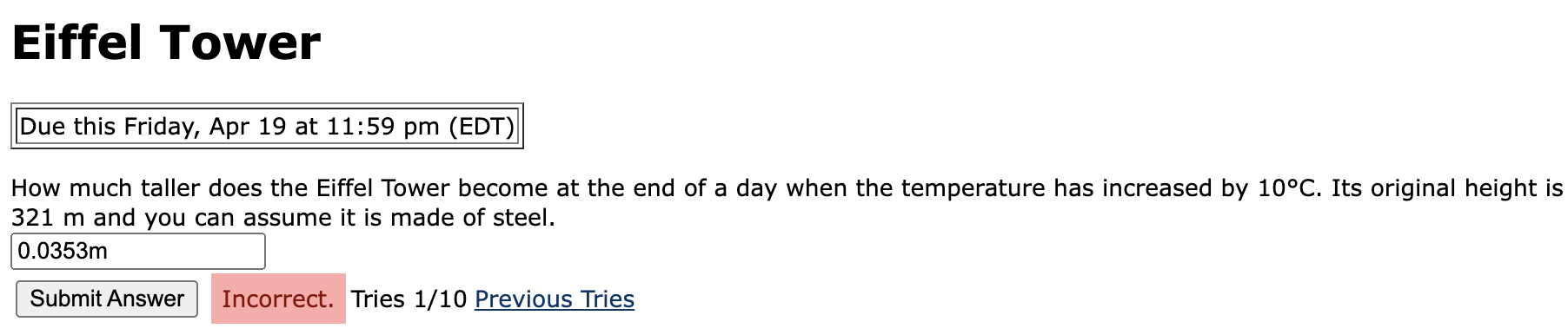 Solved Eiffel TowerDue this Friday, Apr 19 ﻿at 11:59 ﻿pm | Chegg.com
