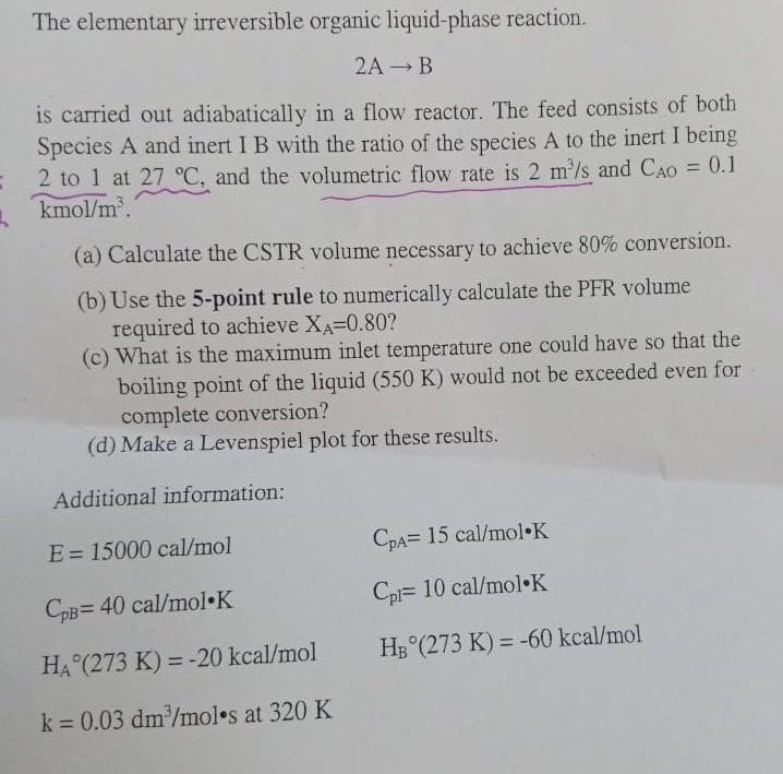 Solved The elementary irreversible organic liquid-phase | Chegg.com