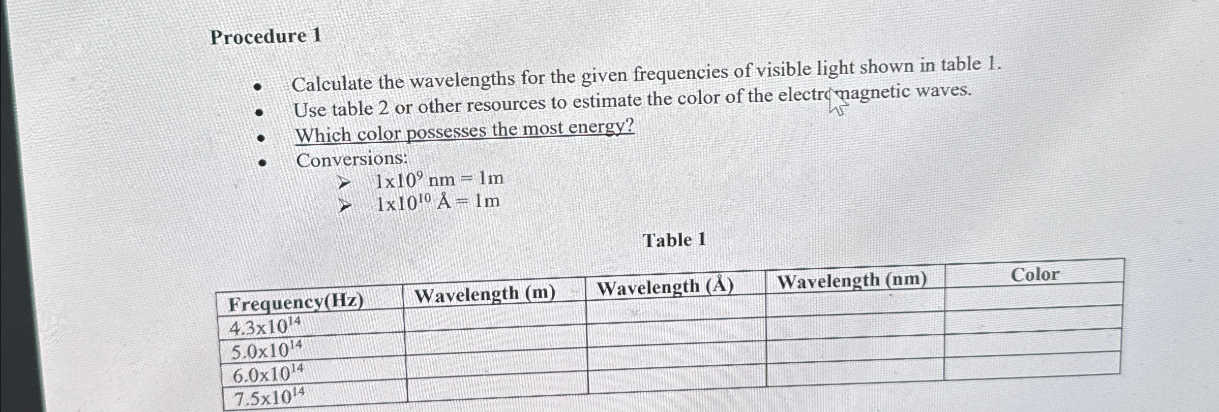 Solved Procedure 1Calculate the wavelengths for the given | Chegg.com