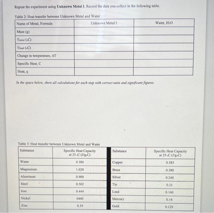 Repeat the experiment using Unknown Metal I. Record | Chegg.com