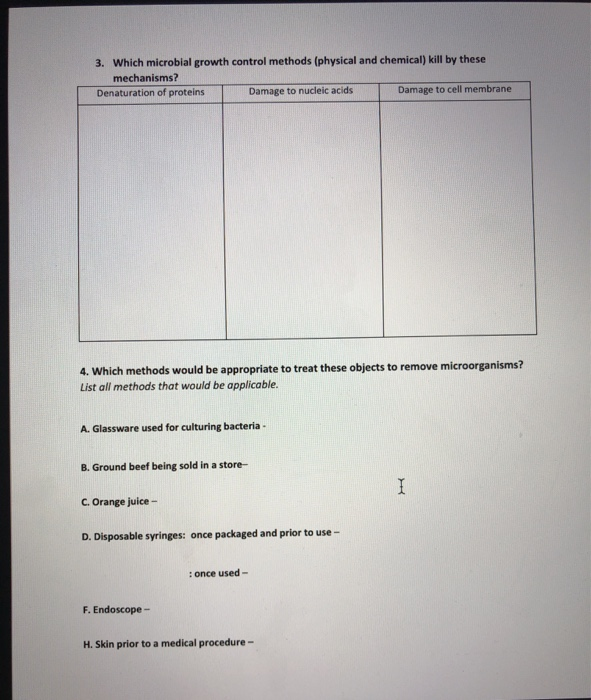 Microbial growth control worksheet 1. Define these | Chegg.com