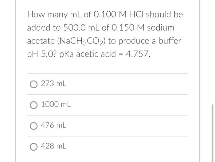 Solved How many mL of 0.100MHCl should be added to 500.0 mL | Chegg.com