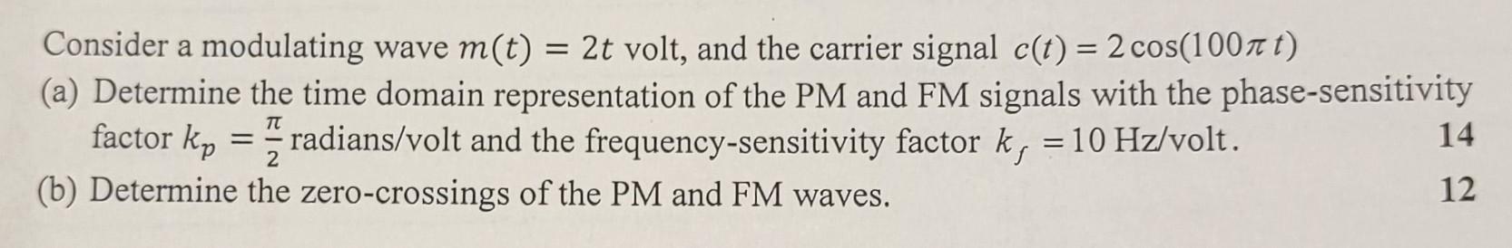 Consider a modulating wave m(t)=2t volt, and the | Chegg.com