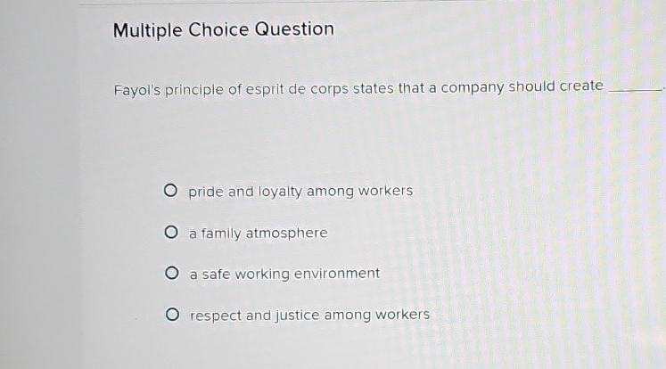 Solved Multiple Choice QuestionFayol's principle of esprit | Chegg.com