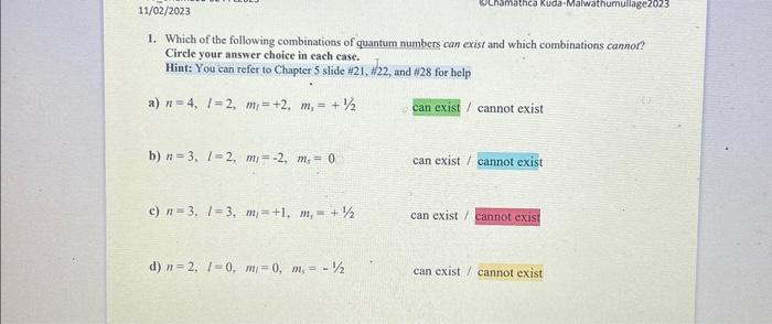 Solved 1. Which of the following combinations of quantum | Chegg.com