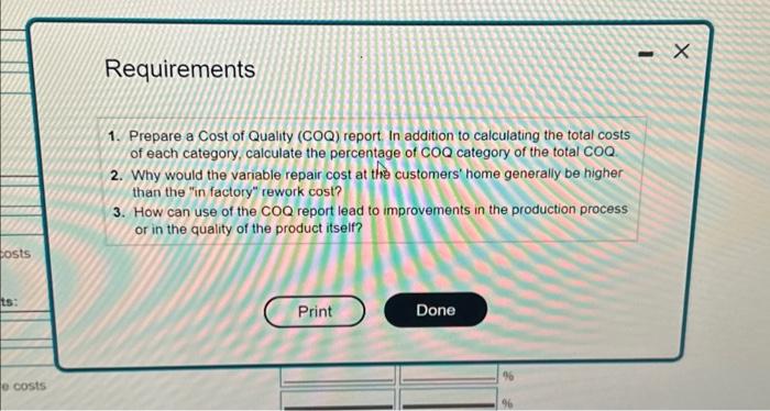 Solved Requirements 1. Prepare a Cost of Quality (COQ) | Chegg.com