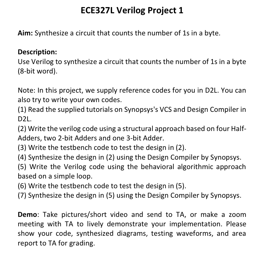 Solved ECE327L Verilog Project 1Must use structural | Chegg.com