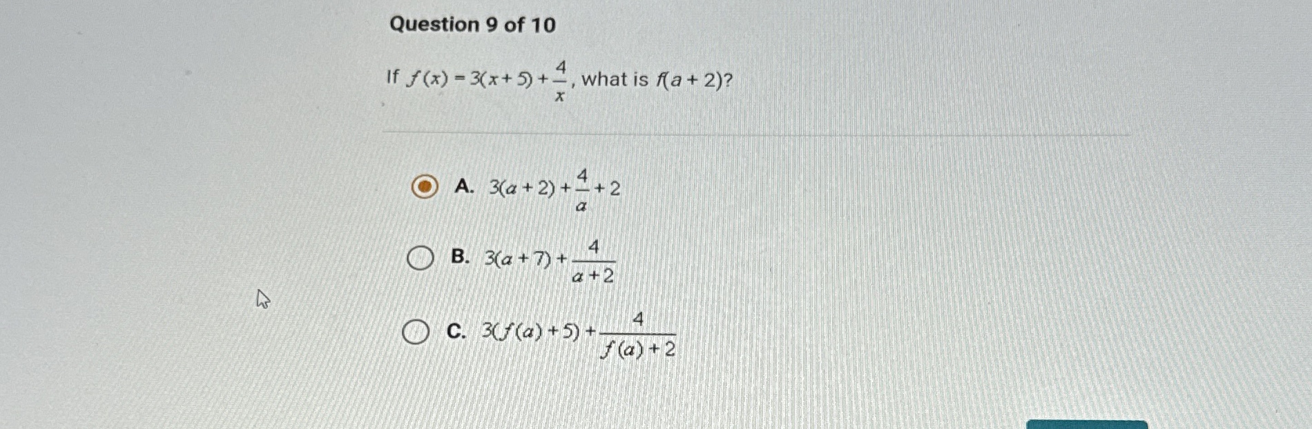 Solved Question 9 ﻿of 10If f(x)=3(x+5)+4x, ﻿what is | Chegg.com