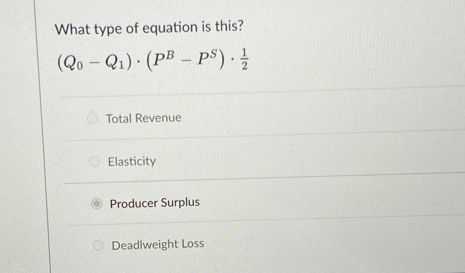 Solved What type of equation is this?(Q0-Q1)*(PB-PS)*12Total | Chegg.com