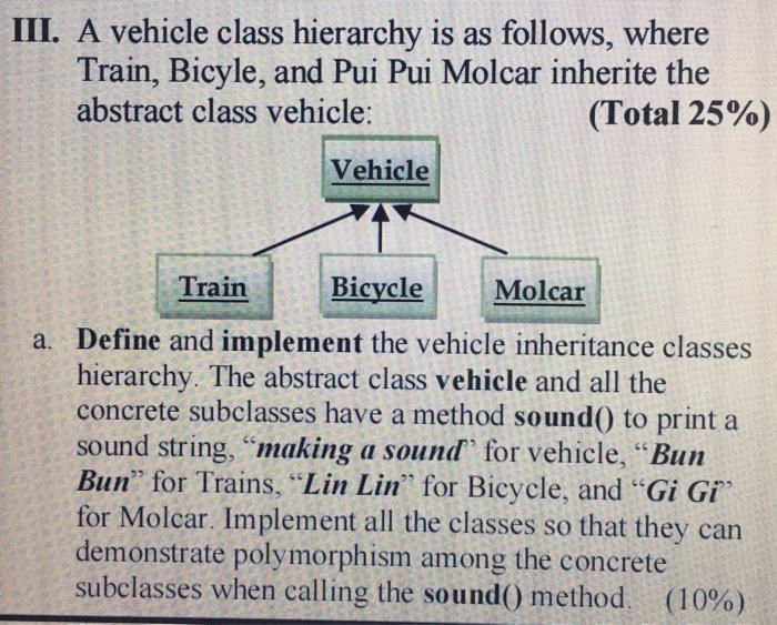 Solved III. A vehicle class hierarchy is as follows, where | Chegg.com