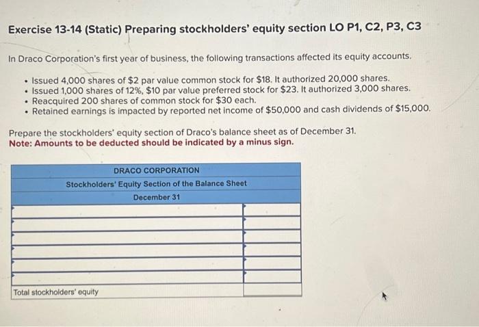 Solved Exercise 13-14 (Static) Preparing stockholders' | Chegg.com