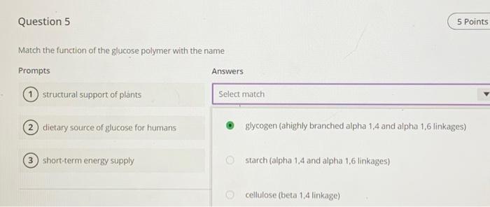 Solved Question 5 Match the function of the glucose polymer | Chegg.com